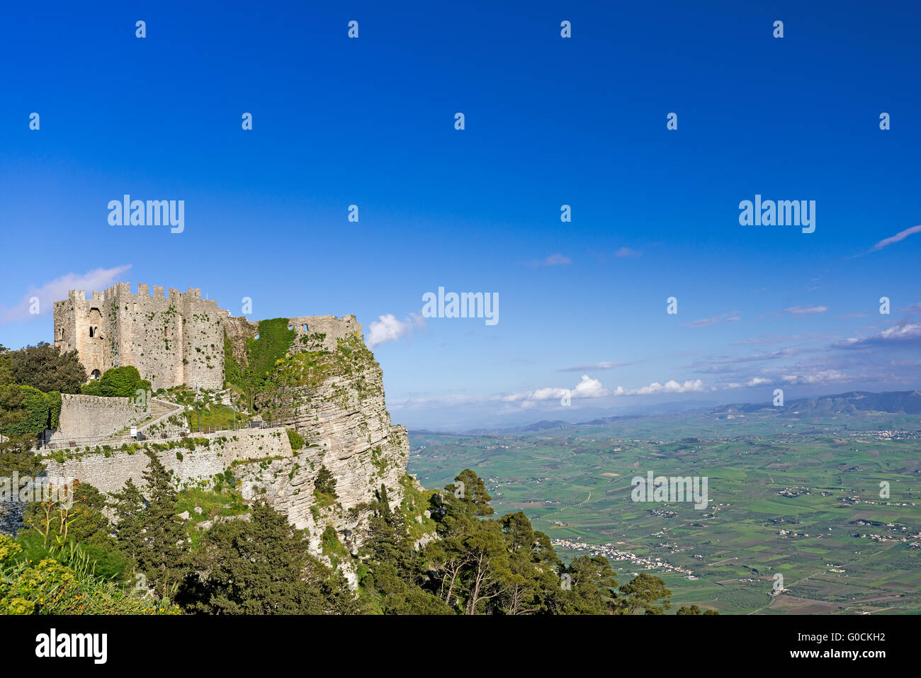 panoramic view of ancient fortresses of Erice town Sicily Italy Stock ...