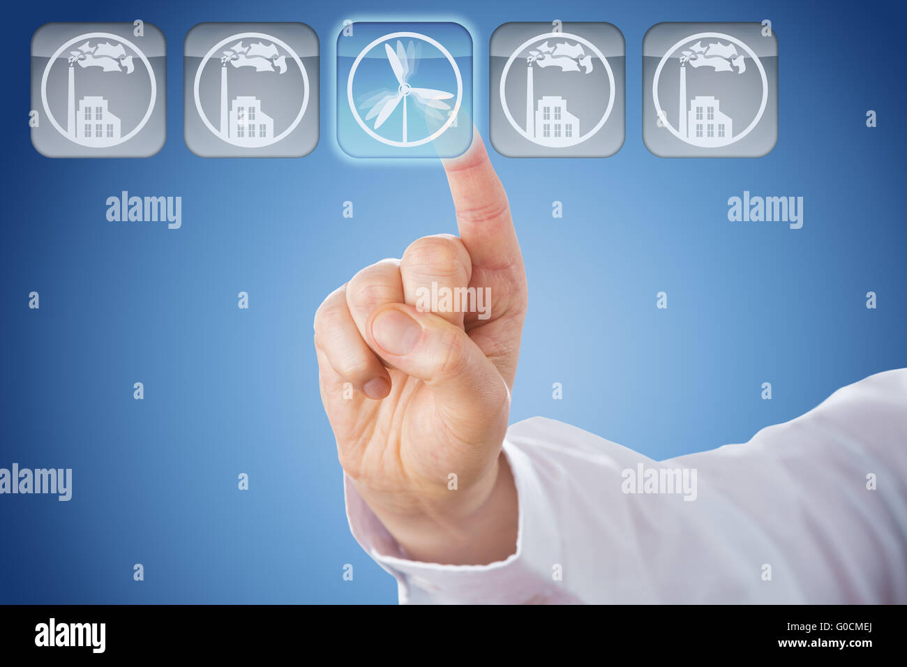 Finger Pushing Wind Power Button Over Blue Ground Stock Photo - Alamy