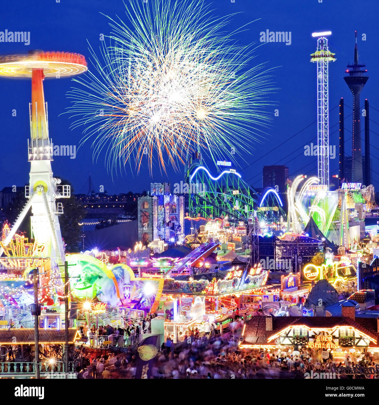 biggest funfair on the river Rhine with firework Stock Photo - Alamy