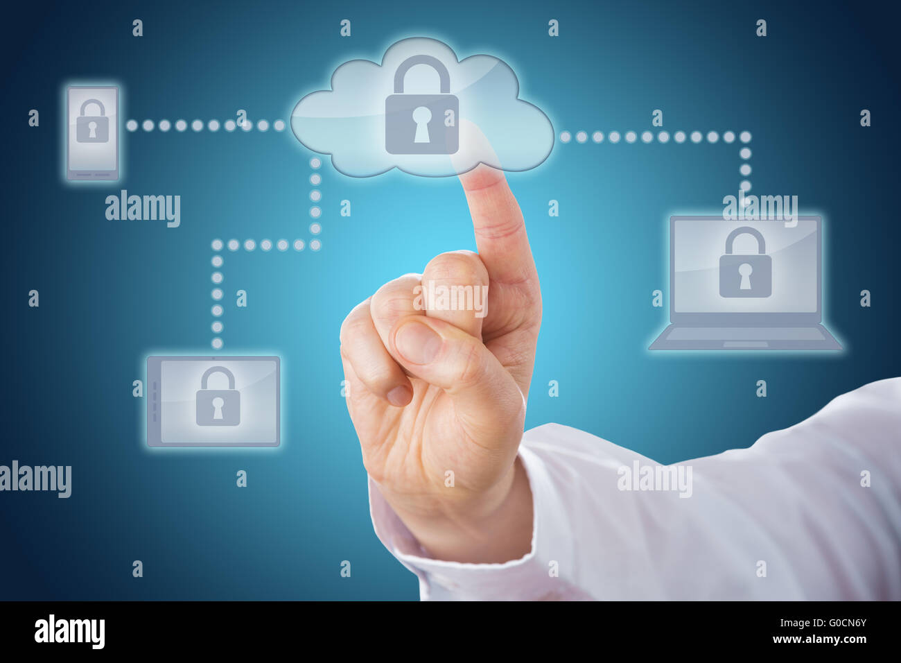 Index Finger Touching Lock Icon In Cloud Network Stock Photo - Alamy