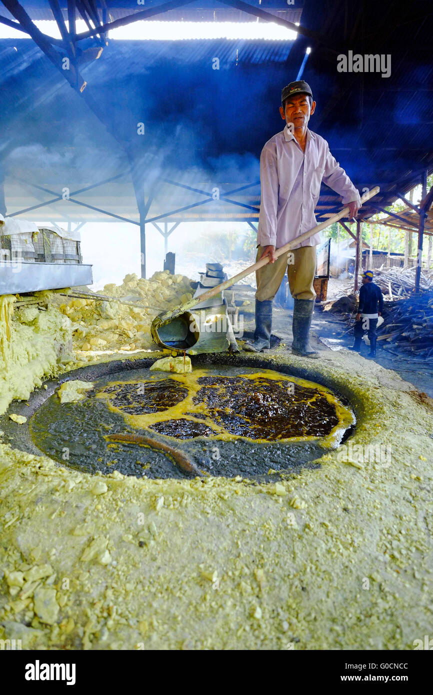 Daily activity inside the traditional sulphur factory in Ijen ...