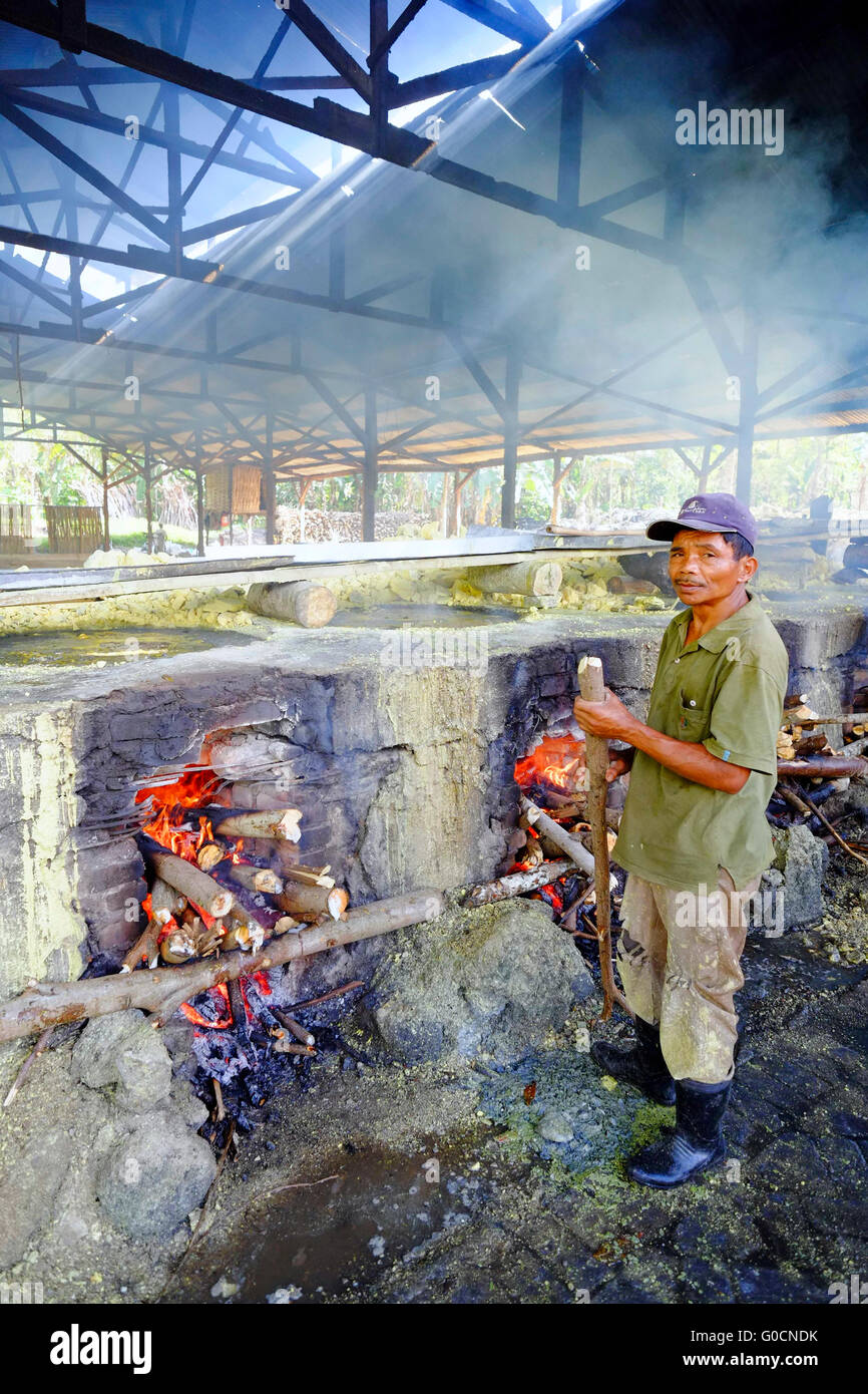 Daily activity inside the traditional sulphur factory in Ijen ...