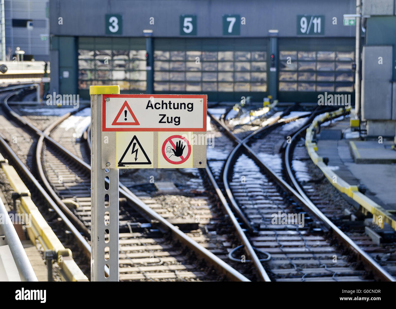 track layout with danger sign Caution train Stock Photo - Alamy