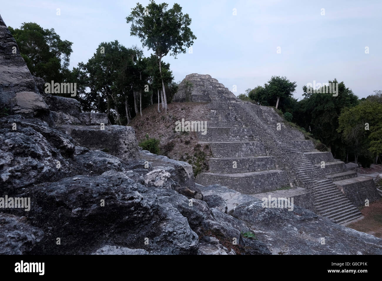 View of an ancient Mayan stepped pyramid in Yaxha a Mesoamerican ...