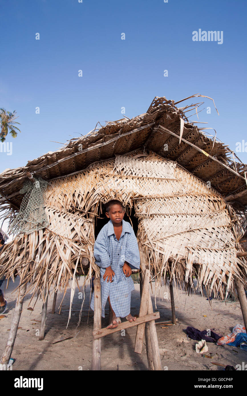 Portrait unidentified local bajau suluk boy pose for camera in Mabul ...