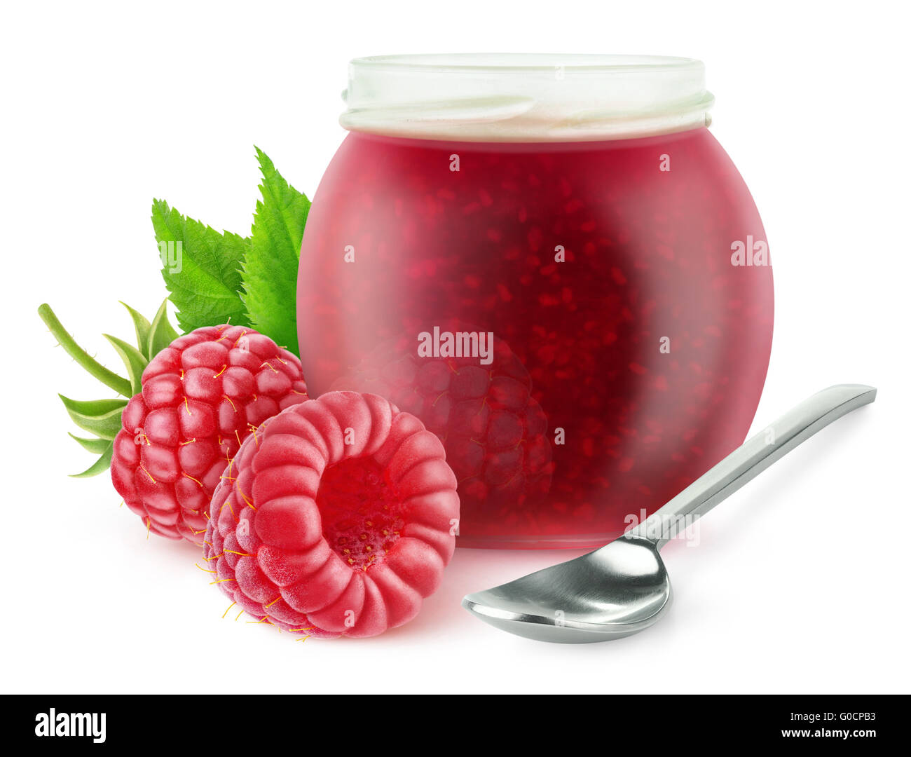 Isolated raspberry marmalade. Cut raspberry fruits and open jam jar ...