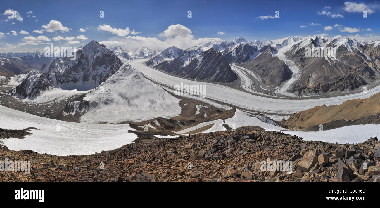 Scenic panorama of Fedchenko glacier in Pamir mountains in Tajikistan ...