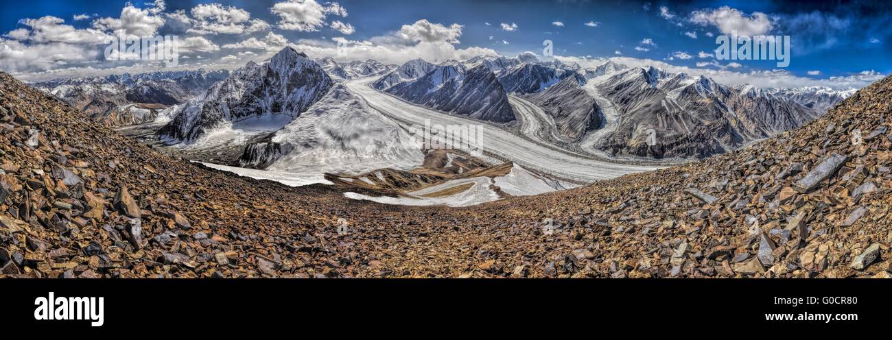 Scenic panorama of Fedchenko glacier in Pamir mountains in Tajikistan ...