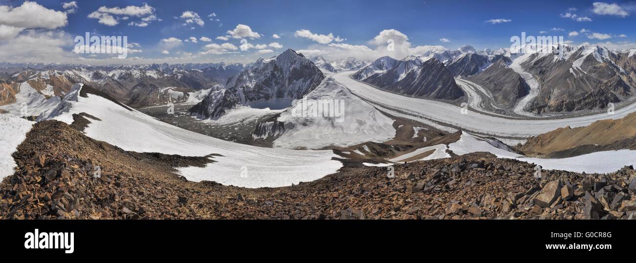 Scenic panorama of Fedchenko glacier in Pamir mountains in Tajikistan ...