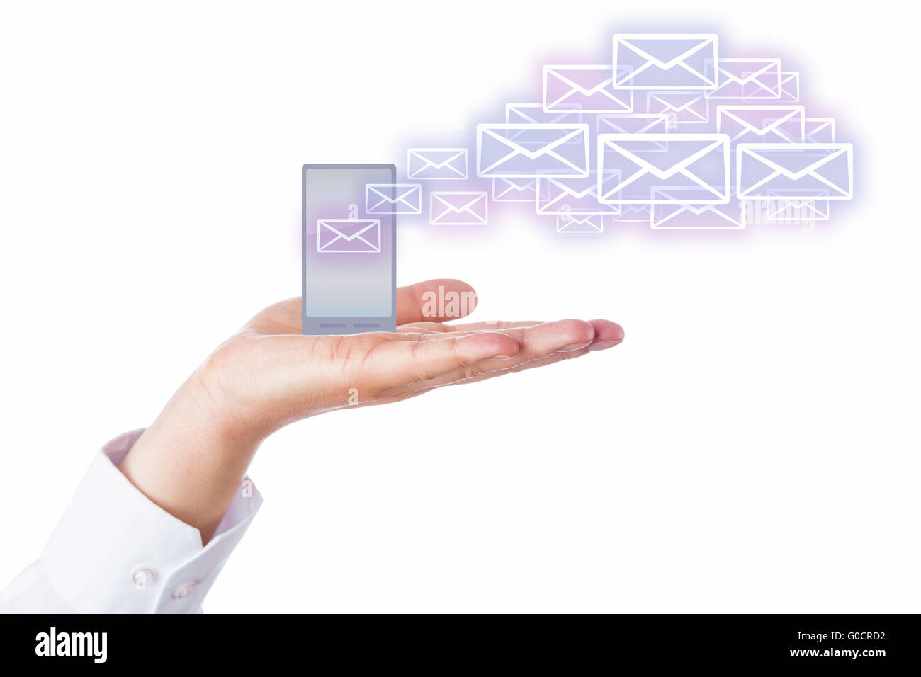 Emails Leaving Cell Phone In A Palm For The Cloud Stock Photo - Alamy