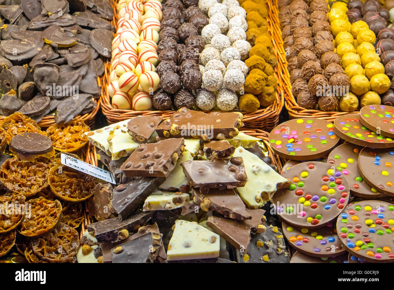 Chocolate candy at the Boqueria in Barcelona Stock Photo - Alamy