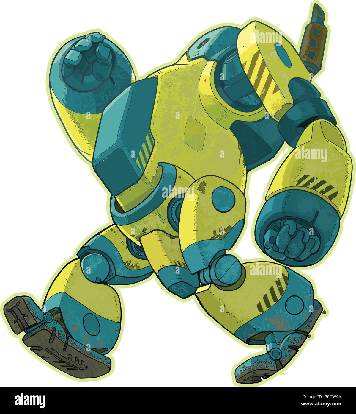 A vector cartoon illustration of a giant yellow robot walking forward ...