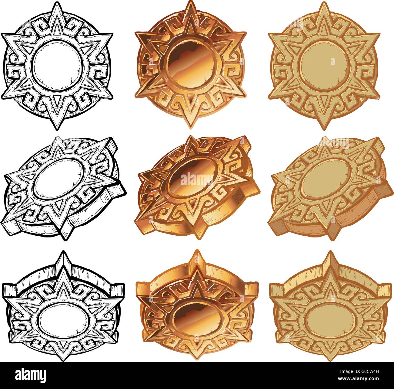 An Aztec style sun medallion vector icon set. Includes the medallion ...