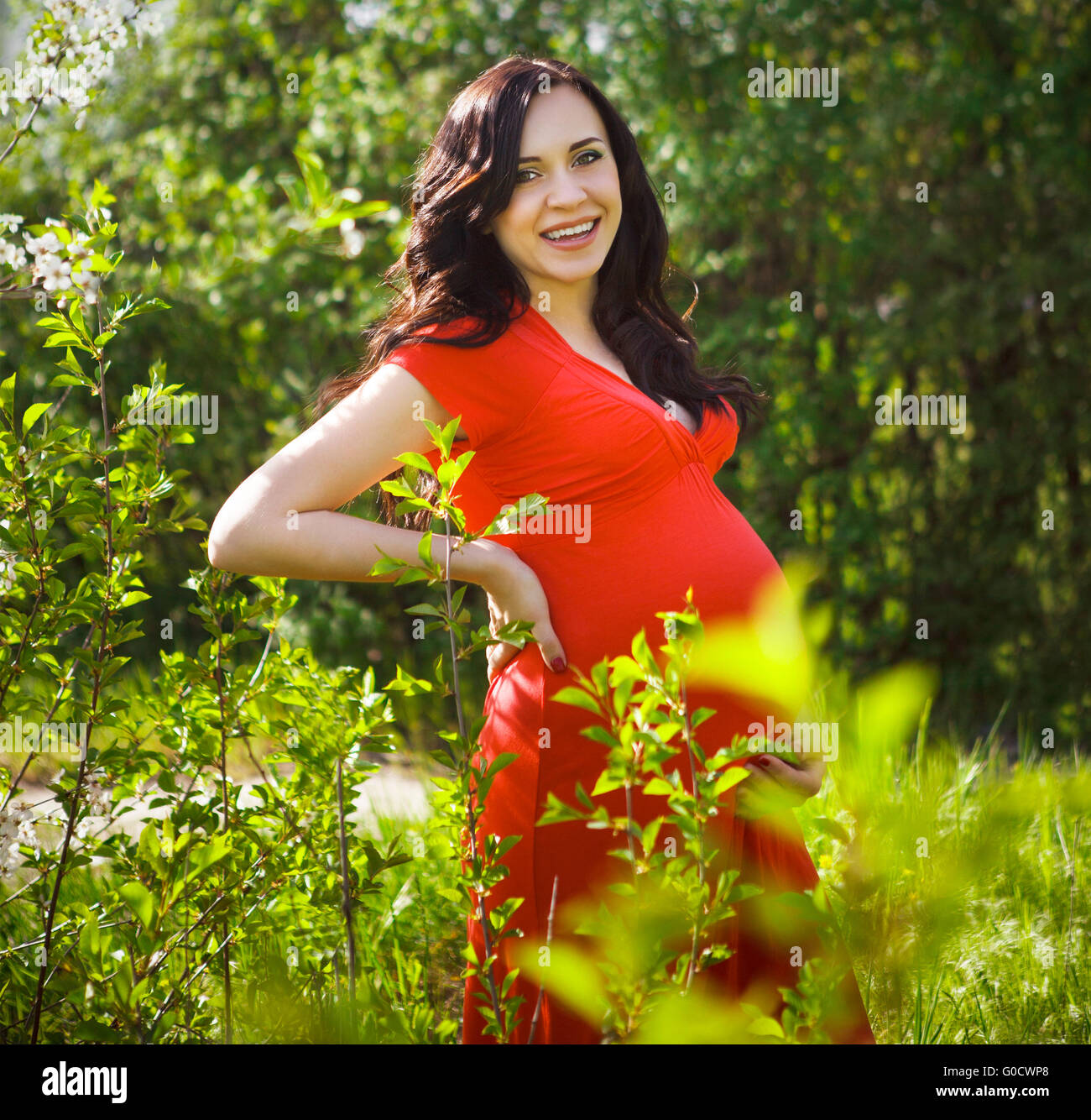 Beautiful pregnant woman in red dress in the flowering spring park ...