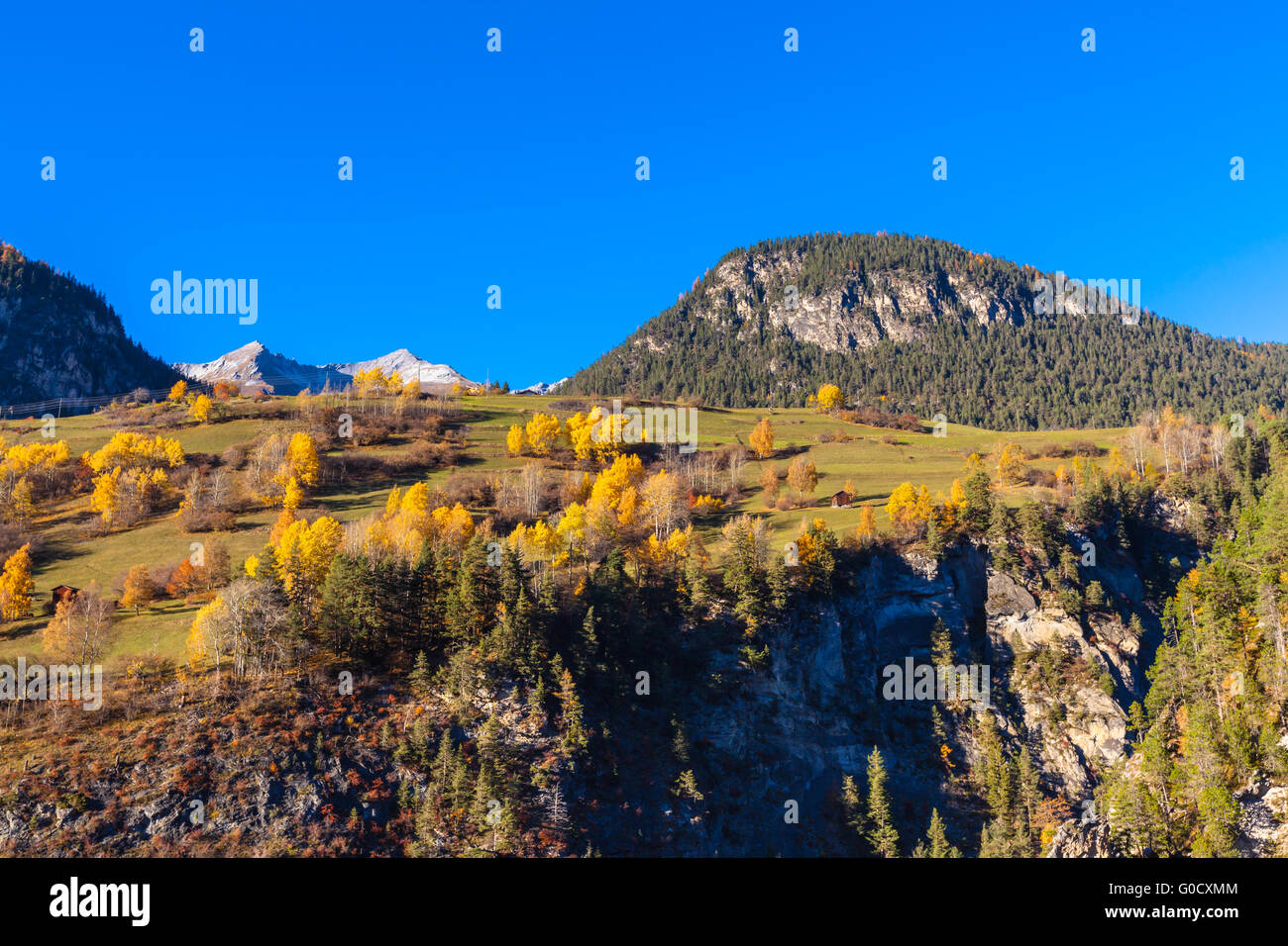 Panorama view of swiss countryside in Filisur, Canton of Grisons, with ...