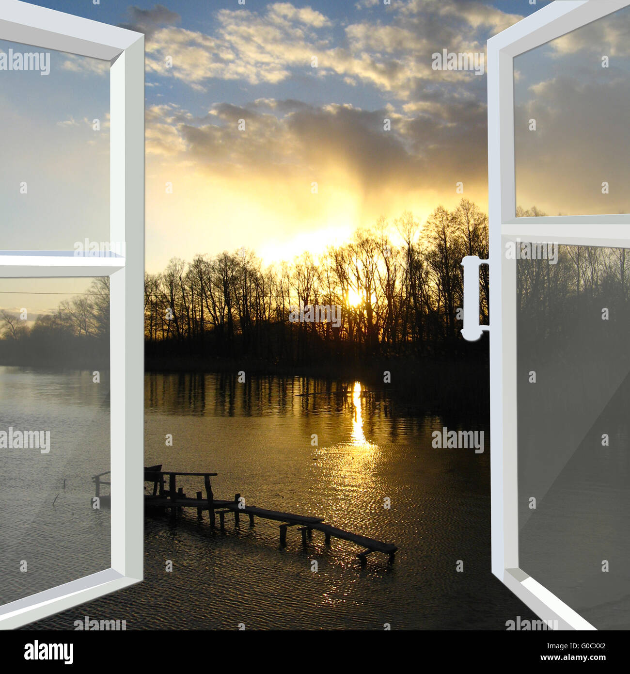 white window opened to the beautiful sunset with r Stock Photo - Alamy