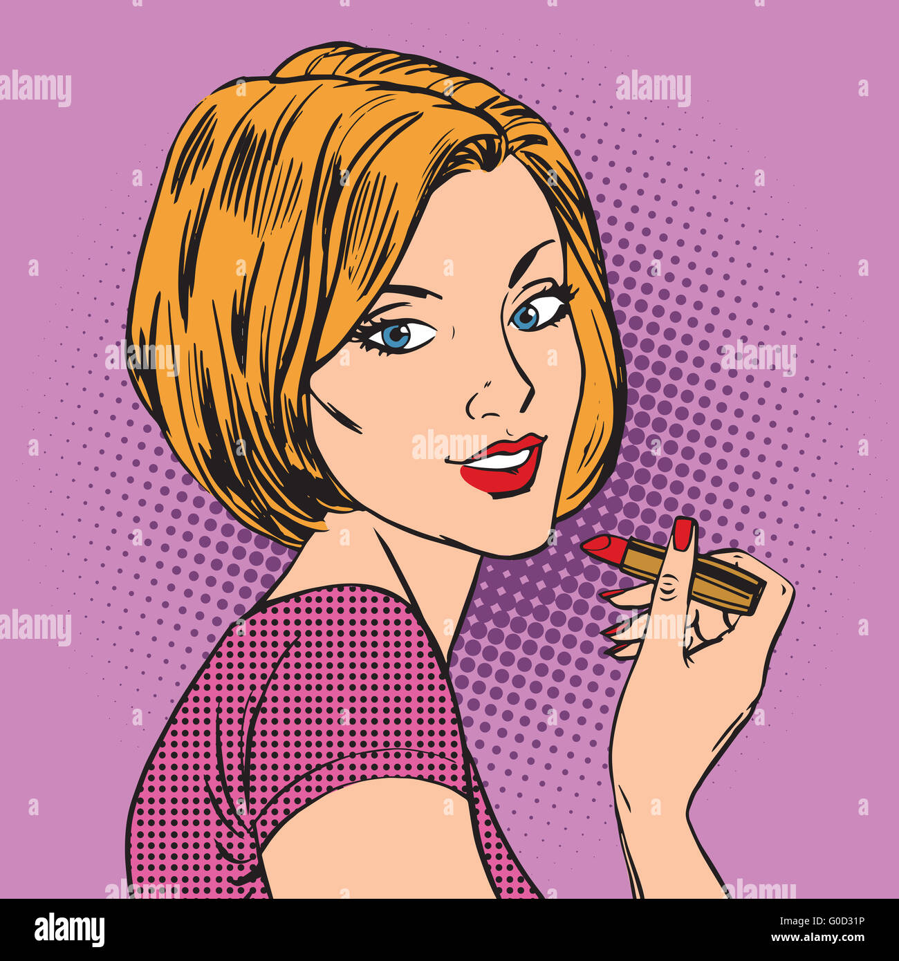 Beautiful girl paints her lips red lipstick pop art comics retro Stock ...