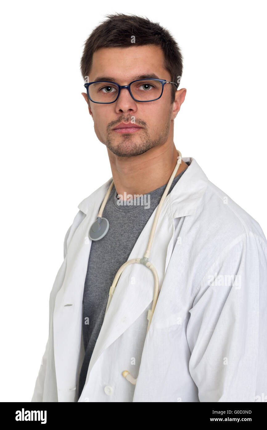 Portrait of a young doctor wearing glasses, isolated on white ...