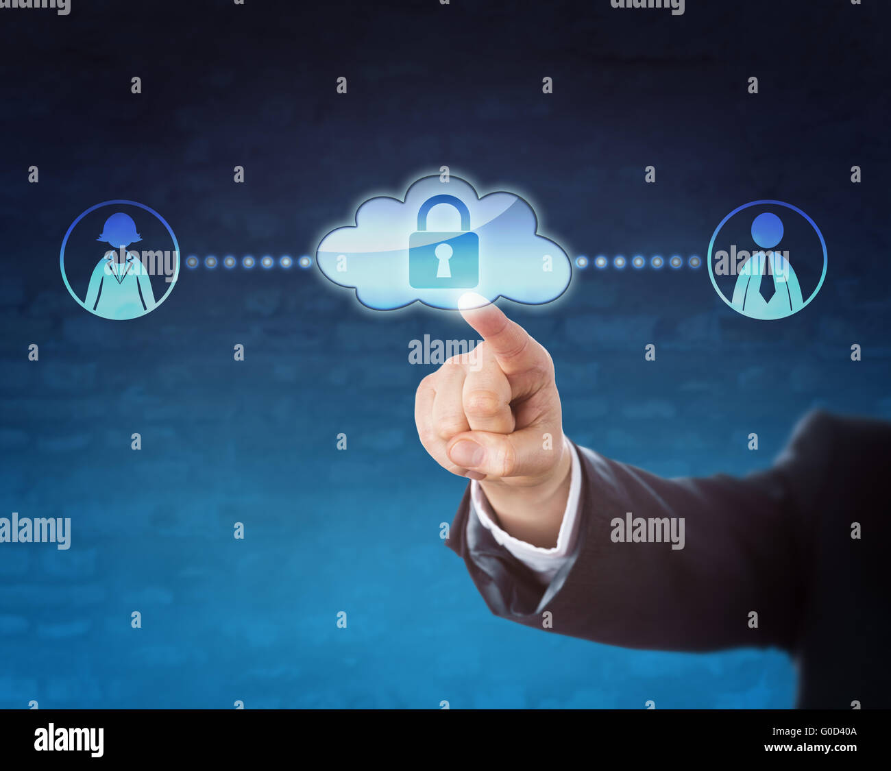 Touching Locked Cloud Linked To Two Office Workers Stock Photo - Alamy