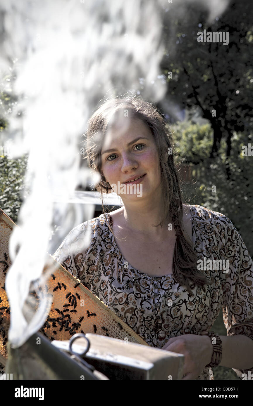 Female beekeeper working at her beehives Stock Photo - Alamy
