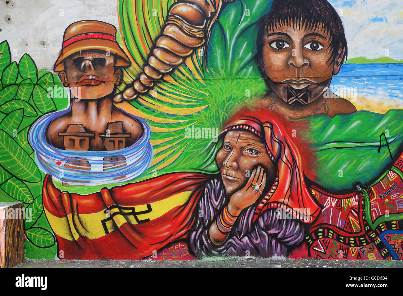 Guna indians mural artwork at the Plaza Herrera of the Casco Antiguo of ...