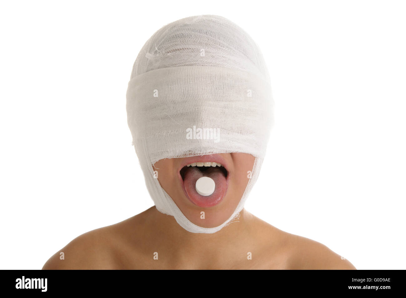 Woman with bandaged head with tablet in tongue Stock Photo - Alamy