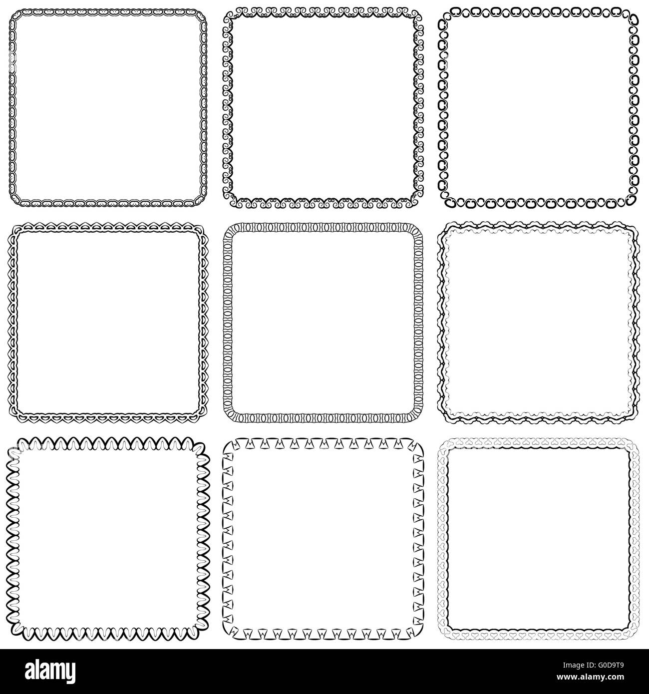 Vector set. Nine square ornamental frames. Black on a white Stock Photo ...