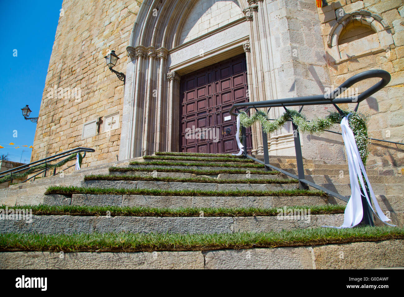 Decorated stairs to church on celebration Stock Photo - Alamy