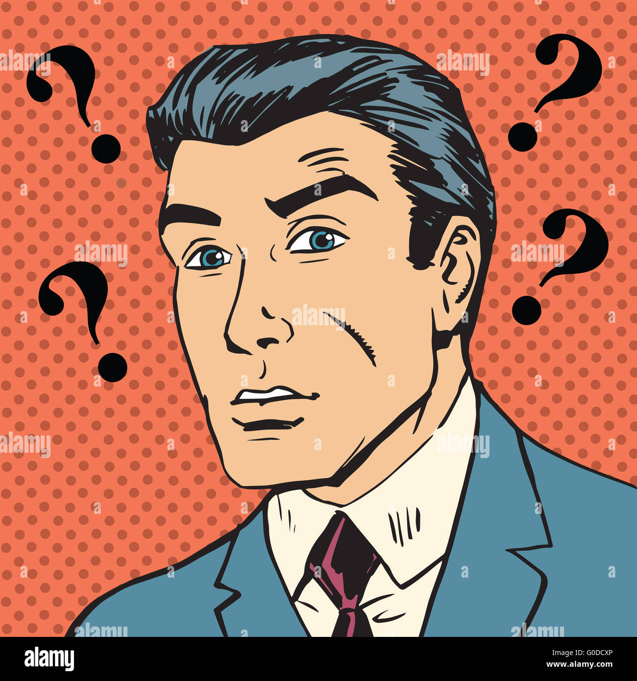 Male question marks misunderstanding Enigma men pop art comics r Stock ...