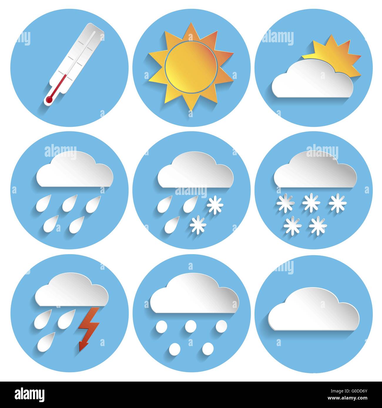 Weather sign icon set in paper style on blue round background Stock ...