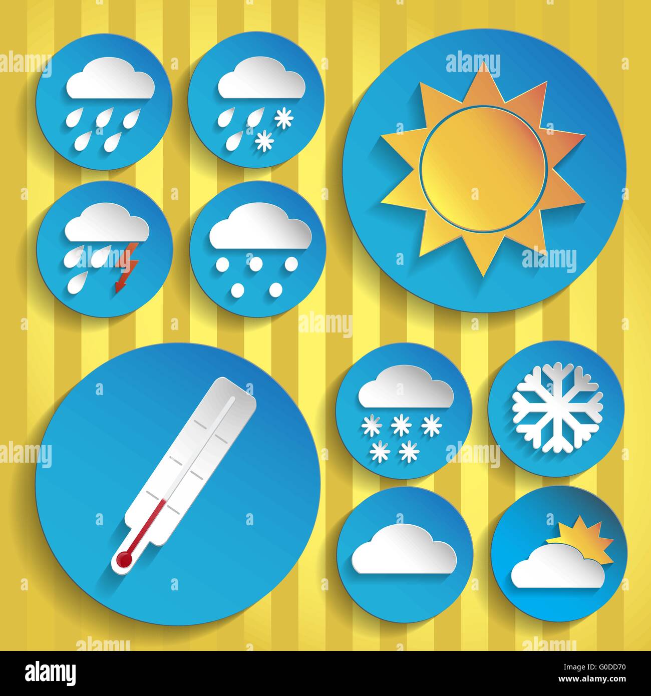Weather sign icon set in paper style on blue gradient round background ...