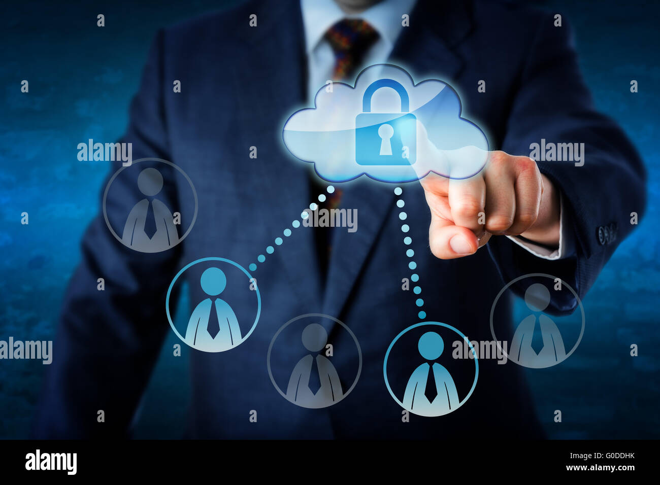 Executive Touching Locked Cloud Linked To Peers Stock Photo - Alamy