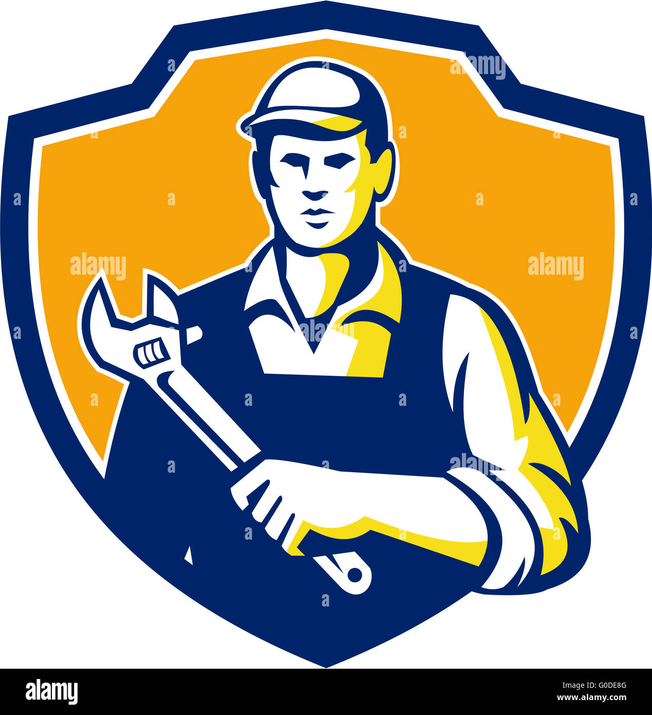 Mechanic Holding Adjustable Wrench Shield Retro Stock Photo - Alamy
