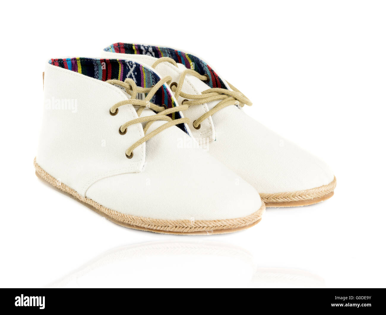 Pair of trendy canvas shoes isolated on white side view reflection ...