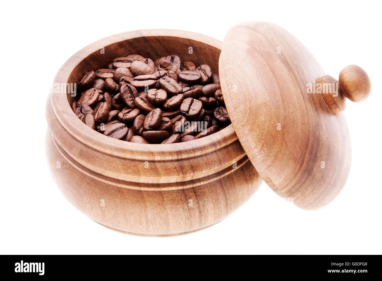 coffee in a wooden container with the lid open. Isolated on white ...