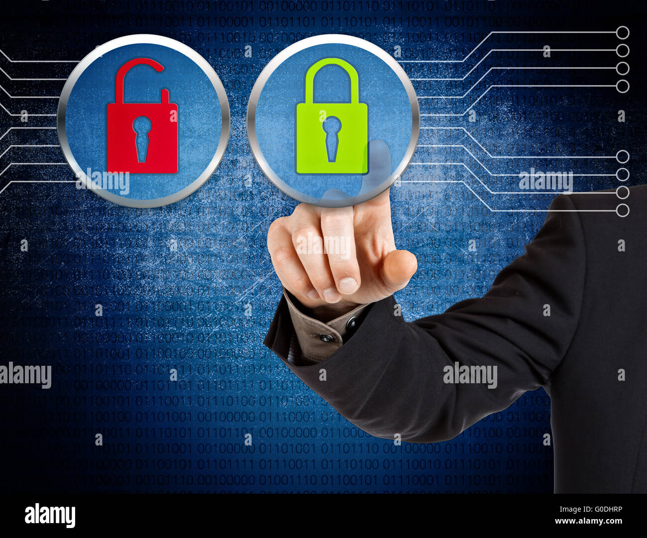 Hand pushing virtual security button Stock Photo - Alamy