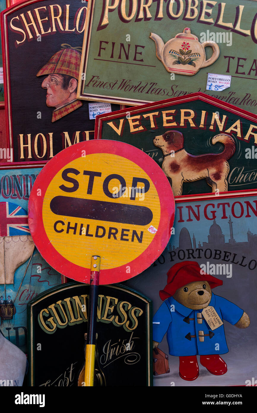 Stop Children sign and wooden signs at Portobello Market, famous ...