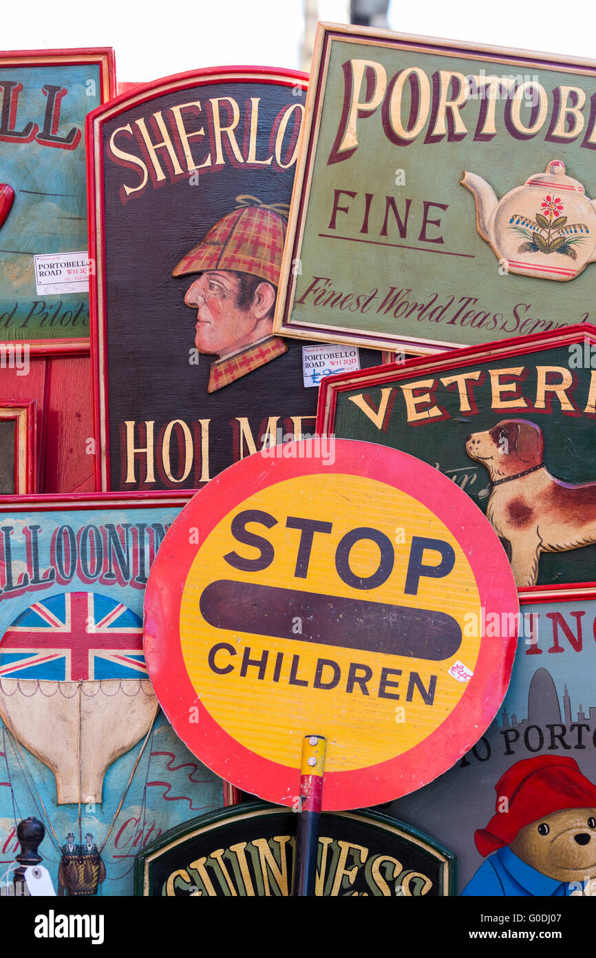 Stop Children sign and wooden signs at Portobello Market, famous ...