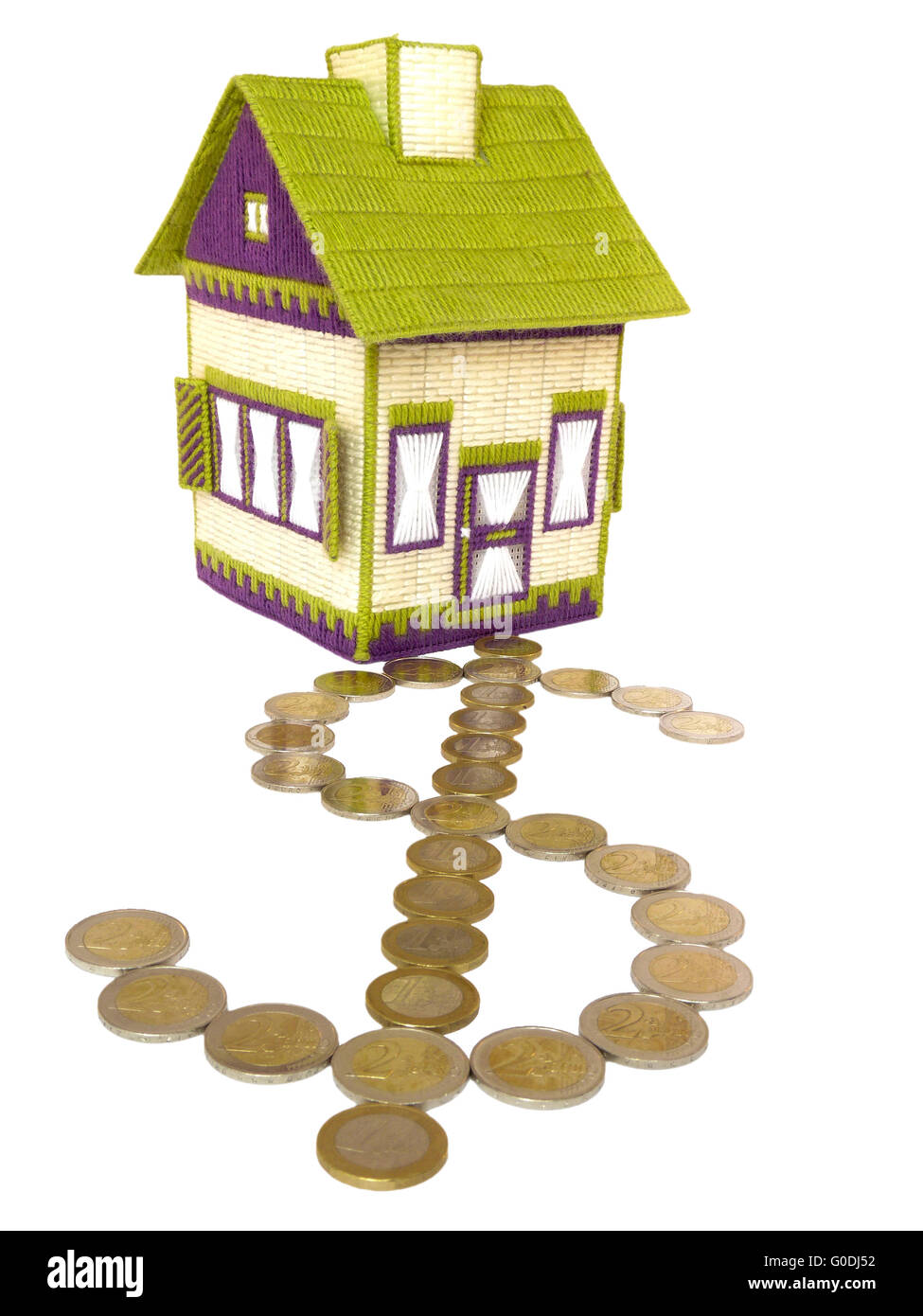 Embroidered house with dollar path made of euro co Stock Photo - Alamy