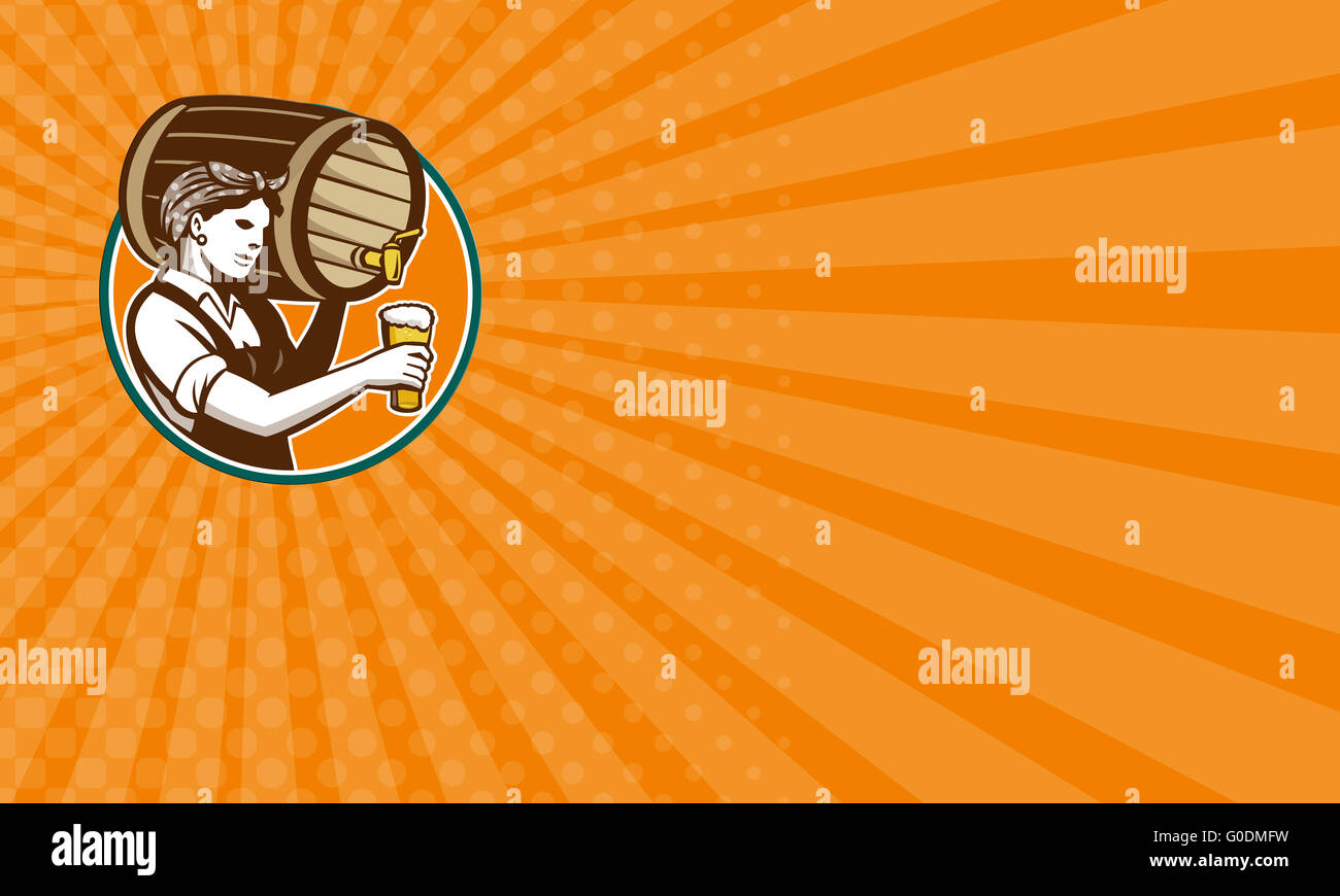 Business card Woman Bartender Pouring Keg Barrel Beer Retro Stock Photo ...