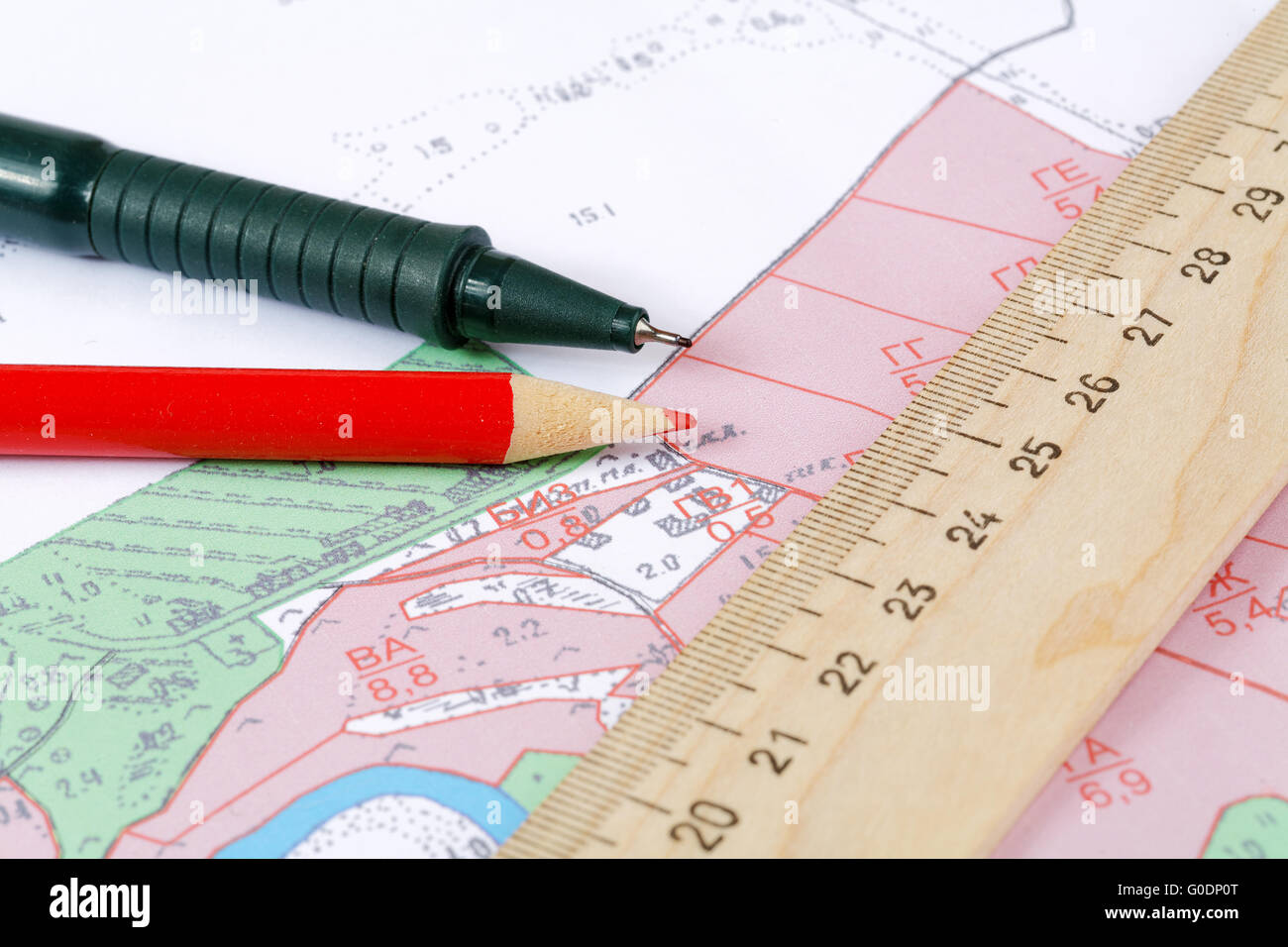 Topographic map of district with ruler and a pencil Stock Photo - Alamy