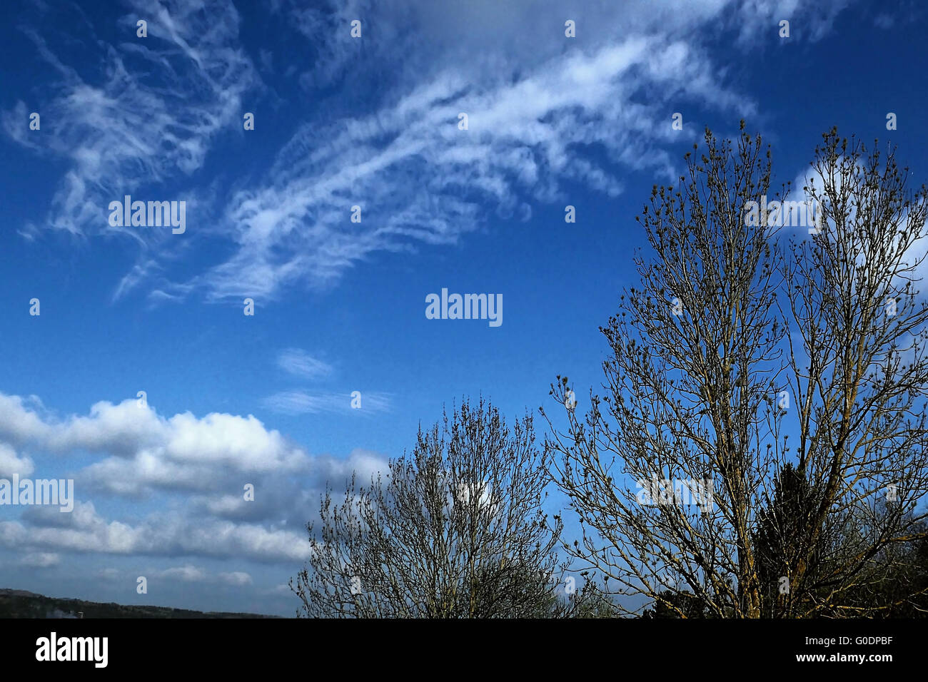 High cirrus clouds formed over blue sky background Stock Photo - Alamy
