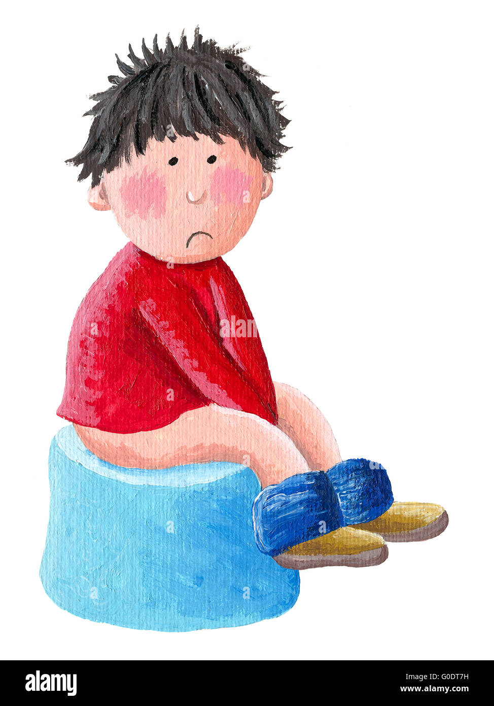 Acrylic illustration of a little boy on the blue potty and white ...