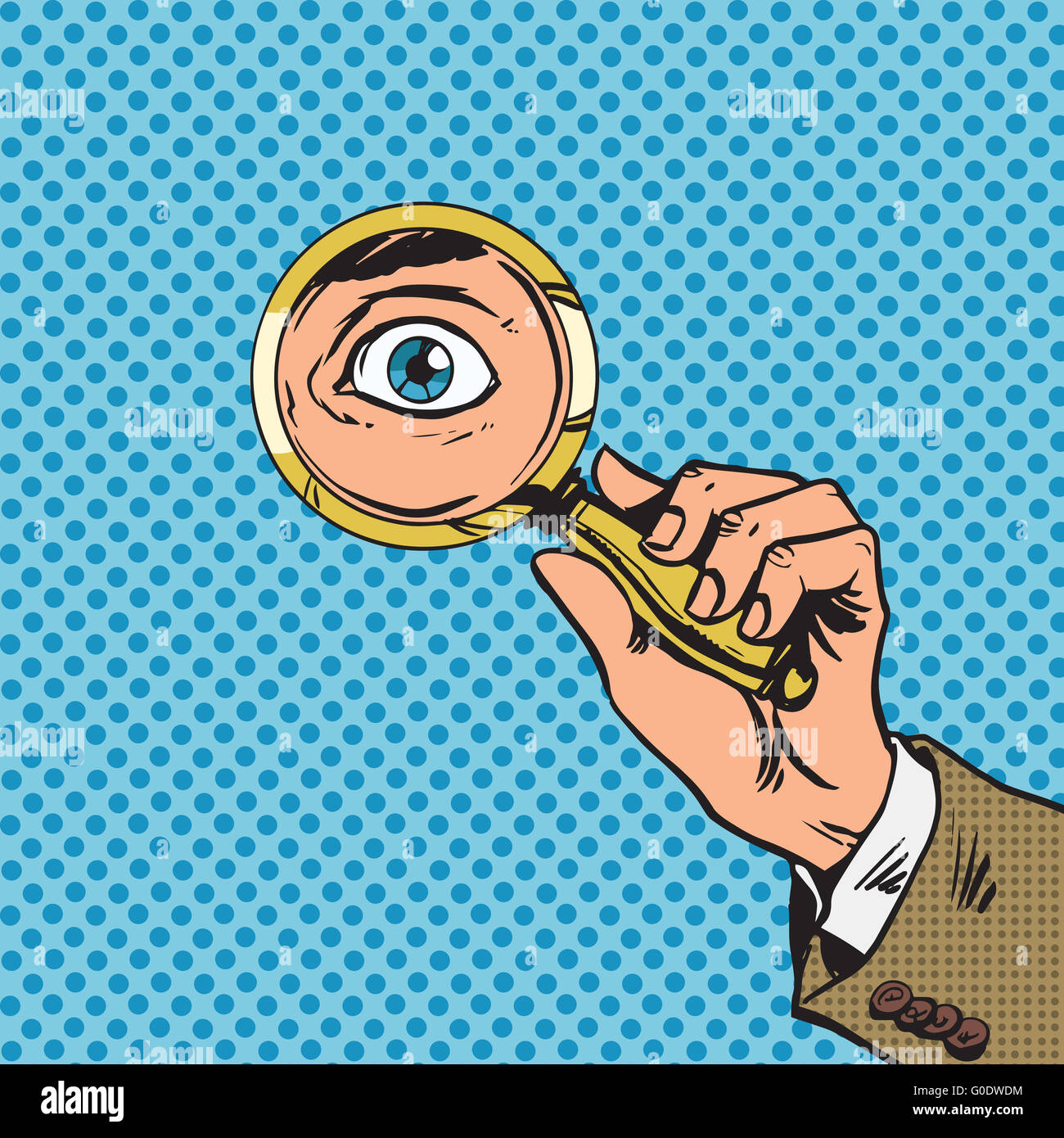 Look through a magnifying glass searching eyes pop art comics re Stock ...