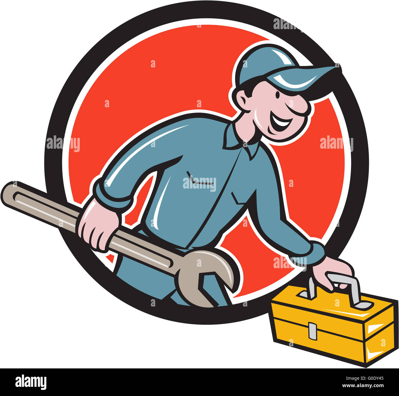 Mechanic Carrying Toolbox Spanner Circle Cartoon Stock Photo - Alamy