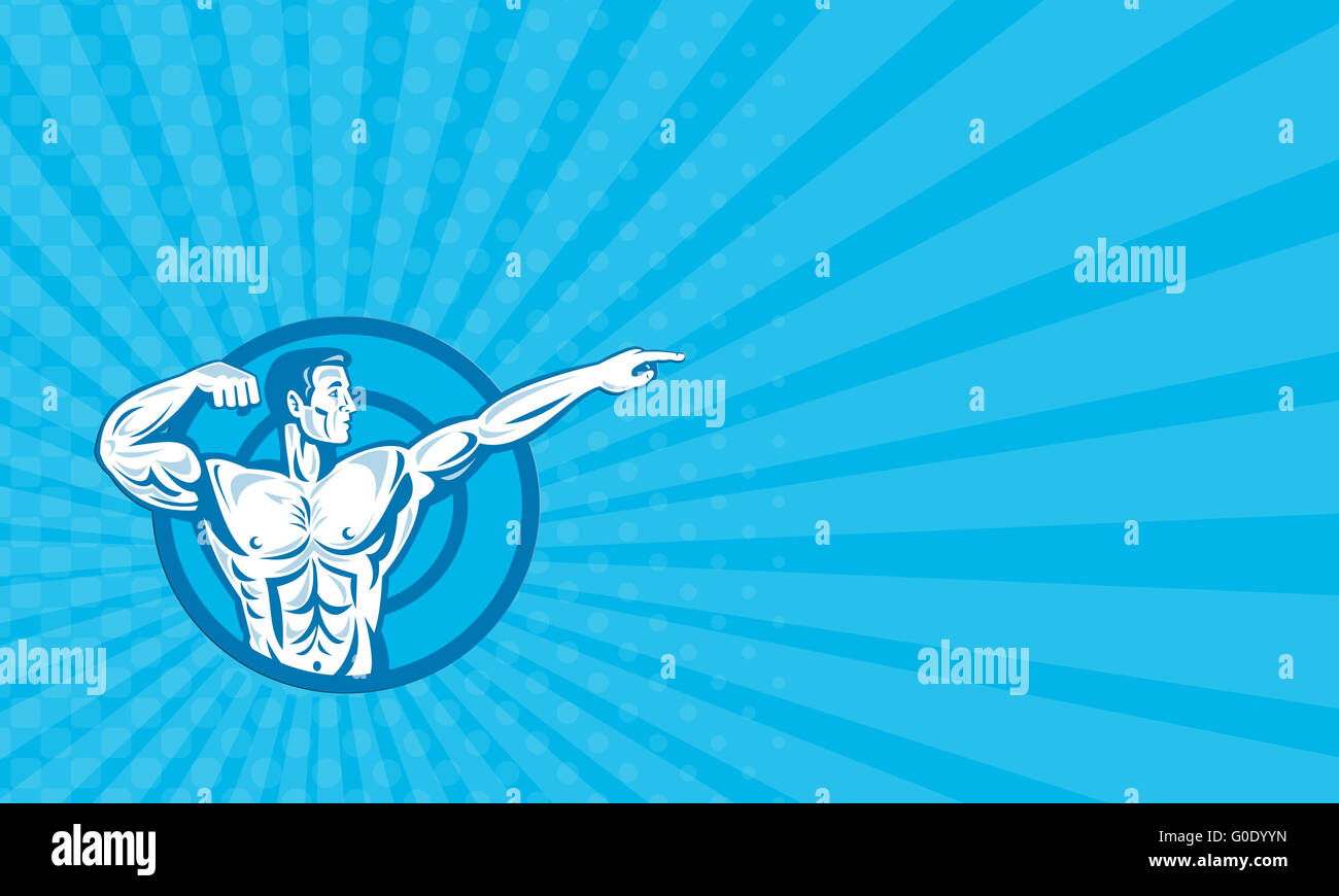 Business card Bodybuilder Flexing Muscles Pointing Side Retro Stock ...