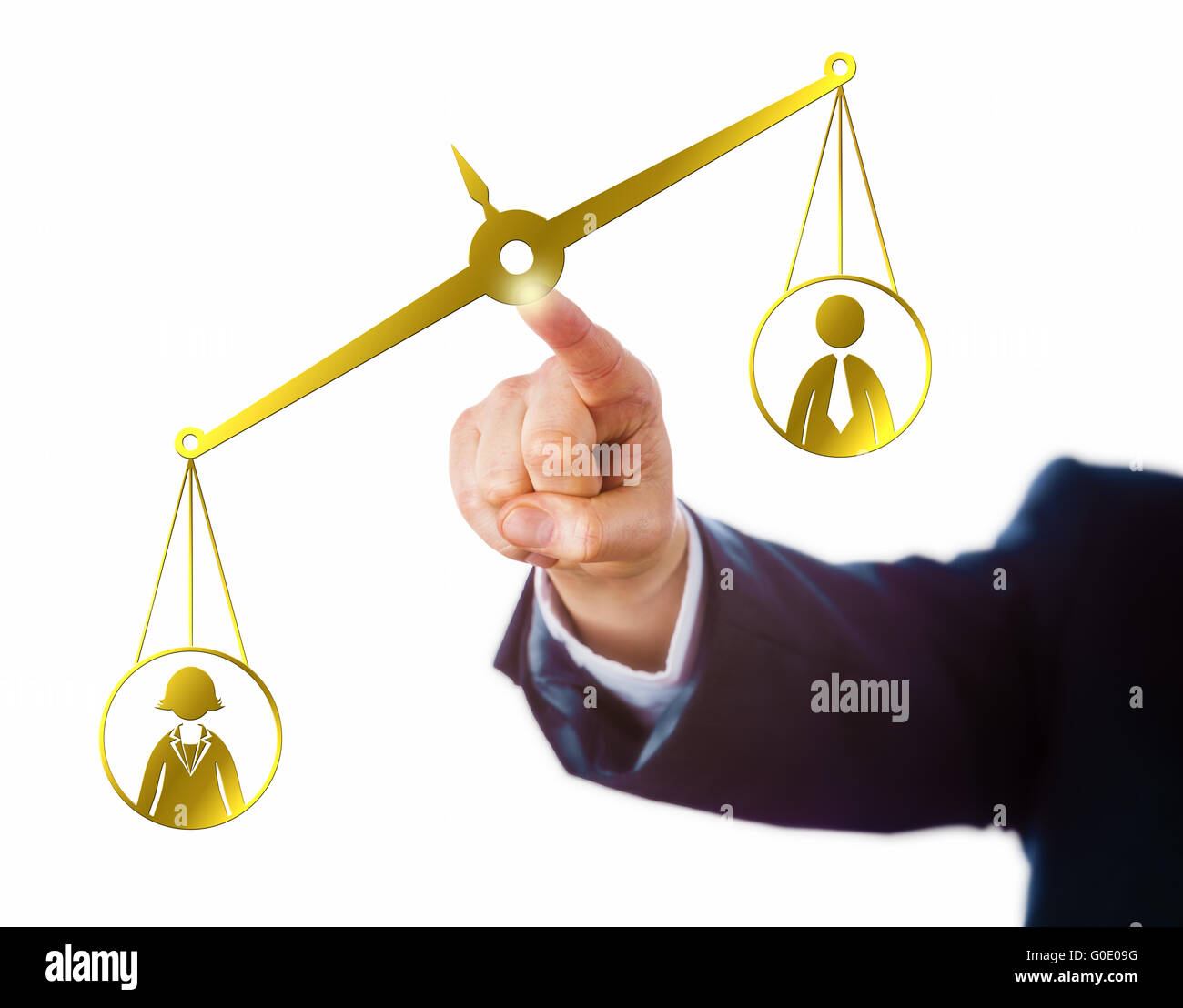 Female Worker Outdoing A Male On A Virtual Scale Stock Photo - Alamy