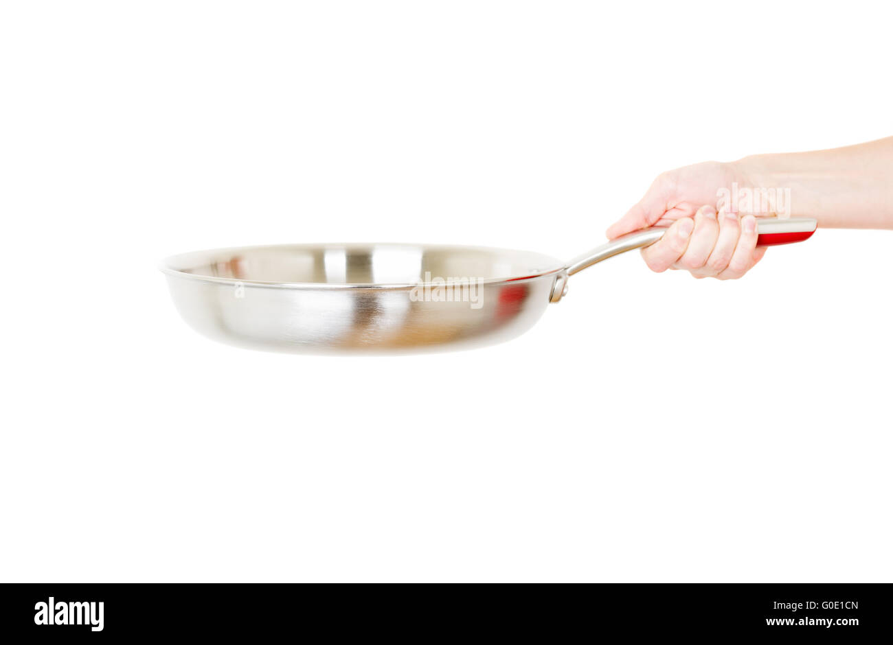 Steel frying pan hold by hand isolated on white Stock Photo - Alamy