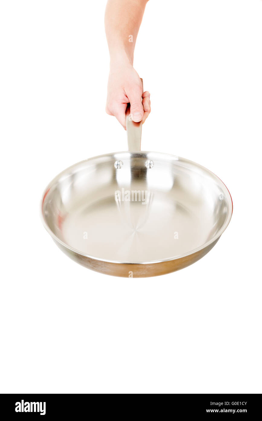 Steel frying pan hold by hand isolated on white Stock Photo - Alamy