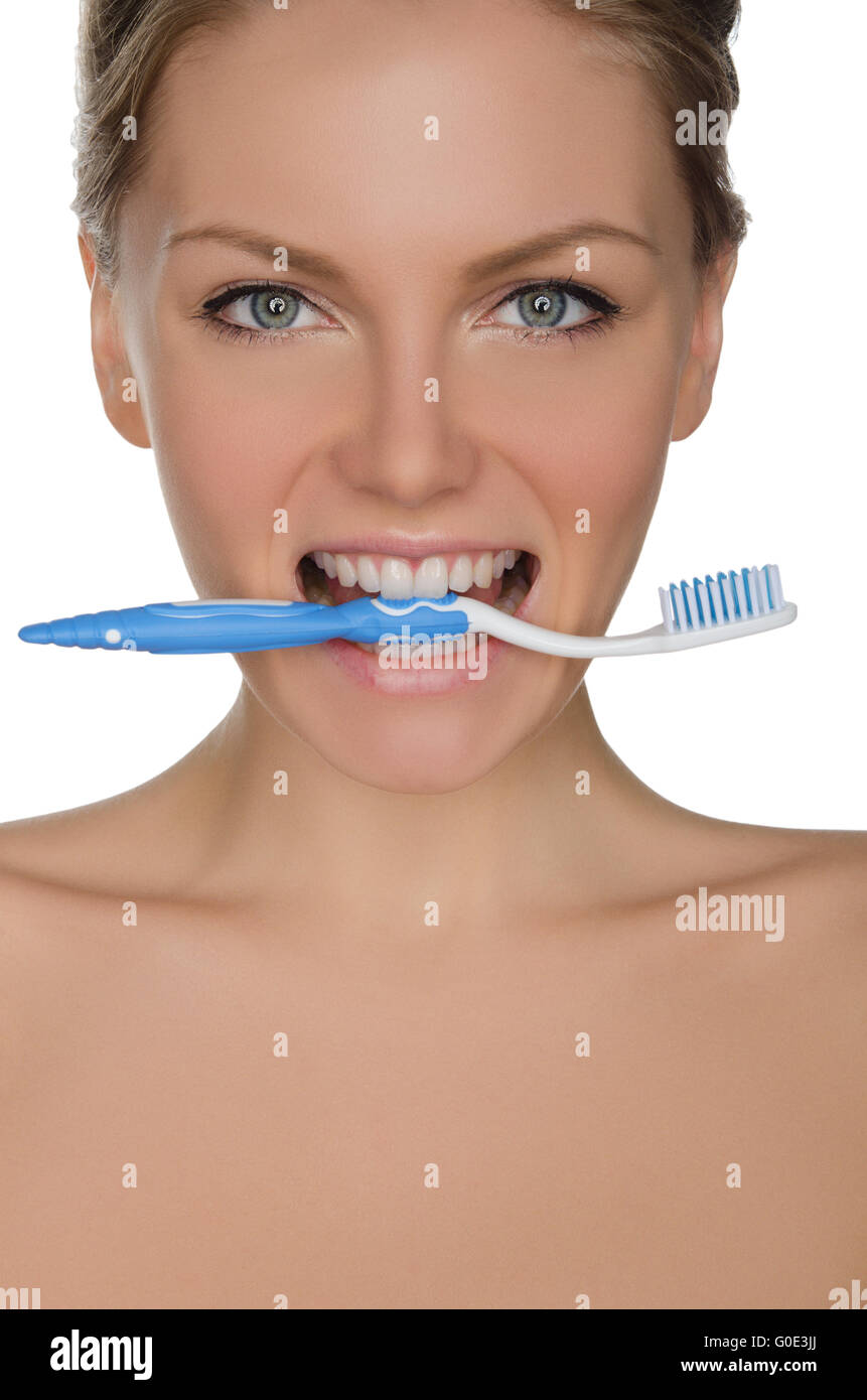 Portrait beautiful woman with toothbrush in teeth Stock Photo - Alamy